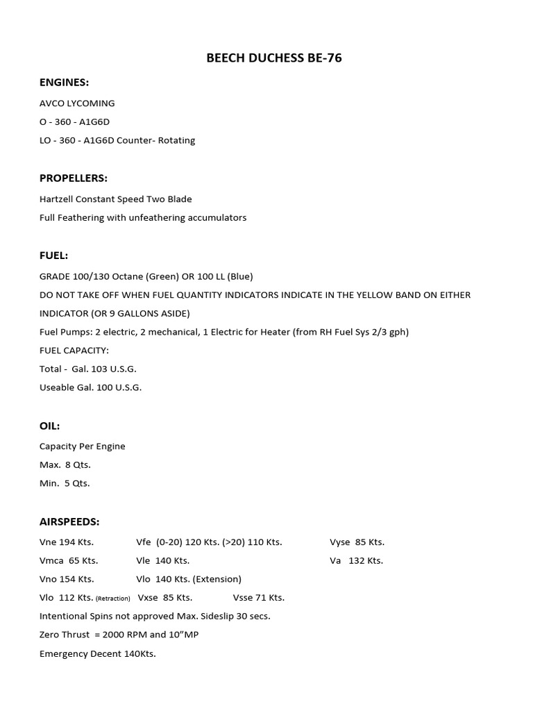 BE76 Study Notes | PDF | Landing Gear | Aviation
