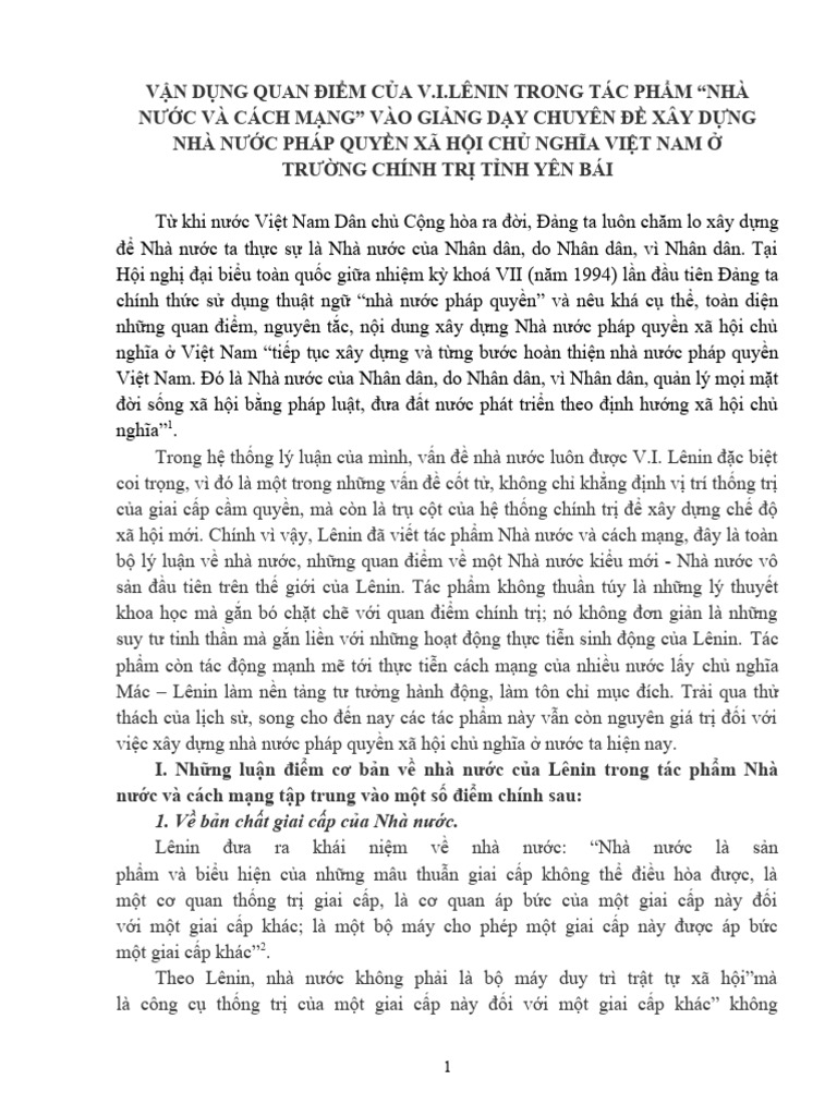 VẬN DỤNG QUAN ĐIỂM CỦA V.I.LÊNIN TRONG TÁC PHẨM "NHÀ NƯỚC VÀ CÁCH MẠNG" | PDF