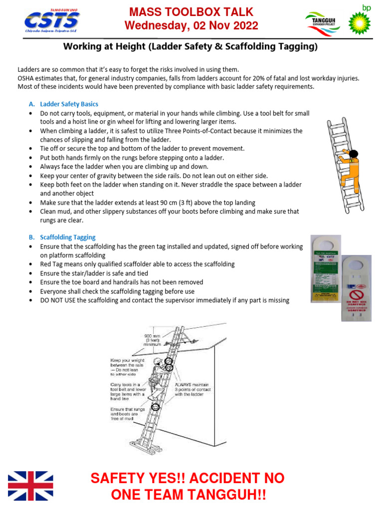 CSTS - Toolbox Talks - WAH (Ladder Safety and Scaffolding Tagging) | PDF