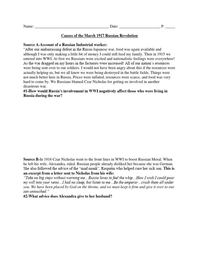 WorkSheet Causes - of - The - March - 1917 - Russian - Revolution | PDF ...