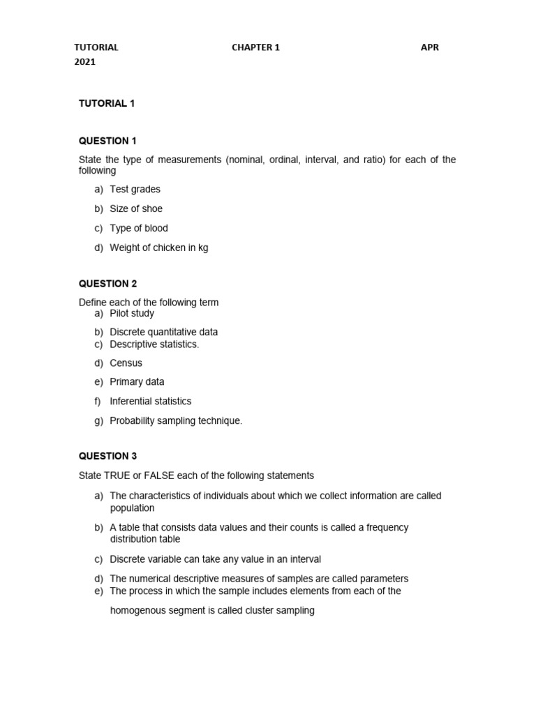 Tutorial Chapter 1 Apr2022 | PDF | Statistics | Sampling (Statistics)