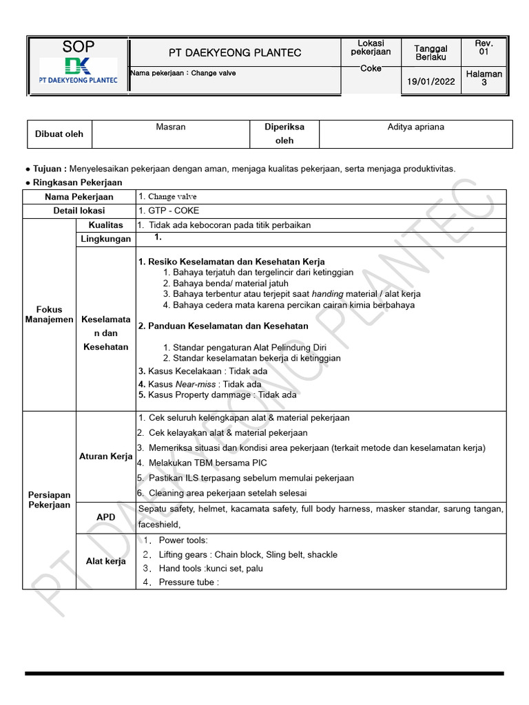 SOP Change Valve | PDF