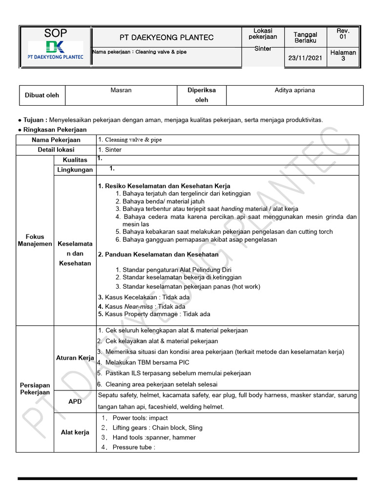 Sop Cleaning Valve Pipe Pdf