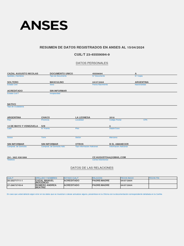 Datos Personales ANSES 2024 | PDF