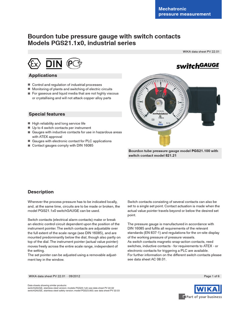 PGS21.1x0-Bourdon-Tube-Pressure-Gauge | PDF | Pressure Measurement | Switch