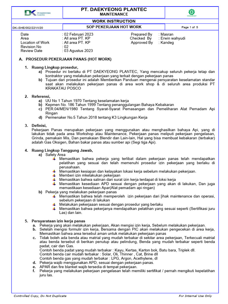 Prosedur SOP Pekerjaan Panas | PDF