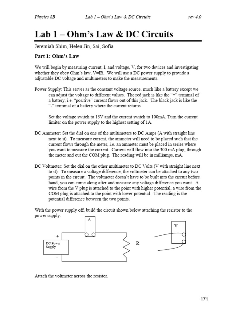 8B - Lab 1 - Ohm's Law & DC Circuits | PDF | Voltage | Electrical Resistance And Conductance