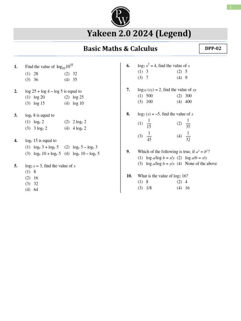 64667e5d6011730018360d5d ## Basic Maths & Calculus DPP 02 Yakeen | PDF ... 64667e5d6011730018360d5d ## Basic Maths & Calculus DPP 02 Yakeen | PDF ...
