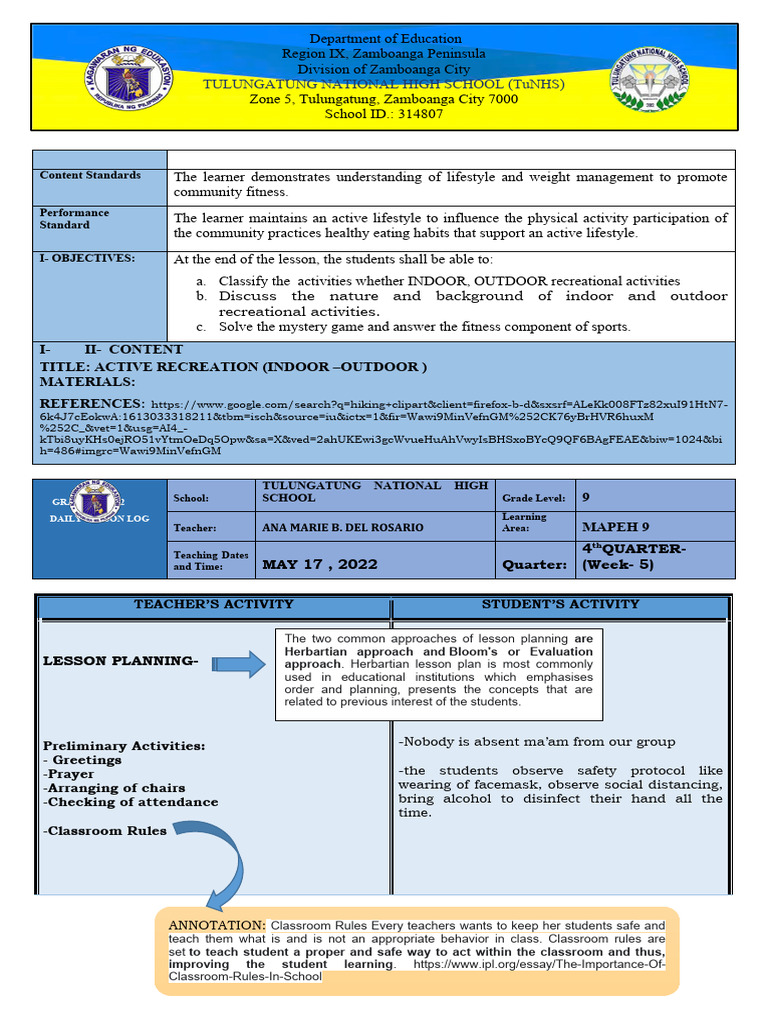 Active Recreation Lesson Plan for Grade 9 | PDF | Lesson Plan | Teachers