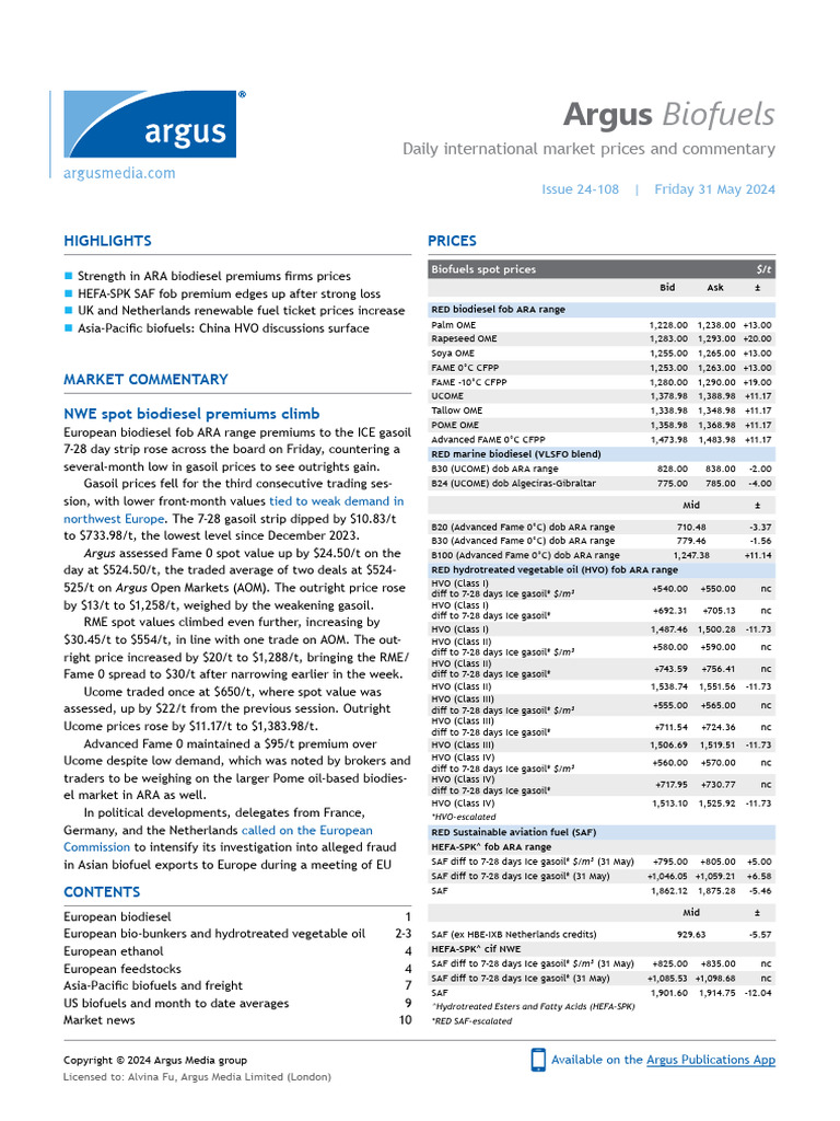 PRO Sample Report Argus Biofuels 2024-05-31 | PDF | Biodiesel | Biofuel