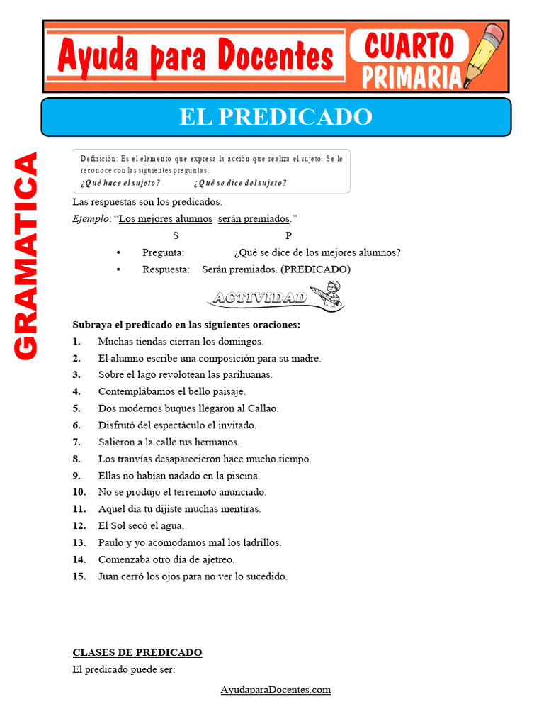 Predicado y sujeto para cuarto grado | PDF | Predicado (Gramática) | Verbo