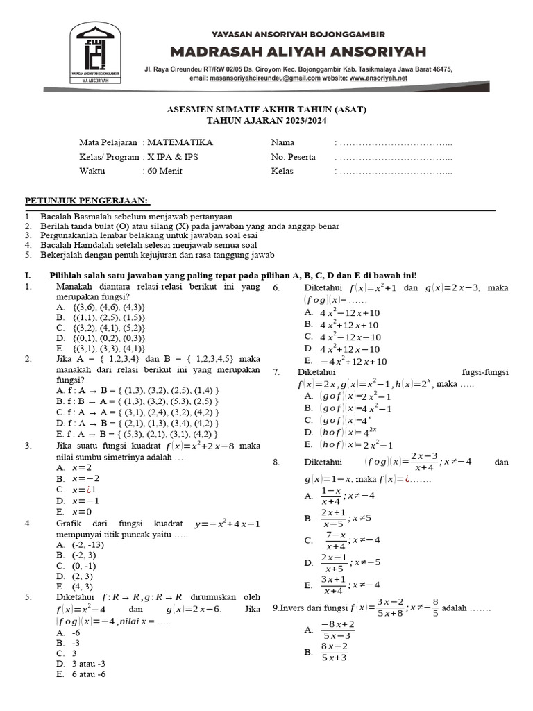 Asat Matematika (X Mipa&Ips) Ansoriyah 2024 | PDF