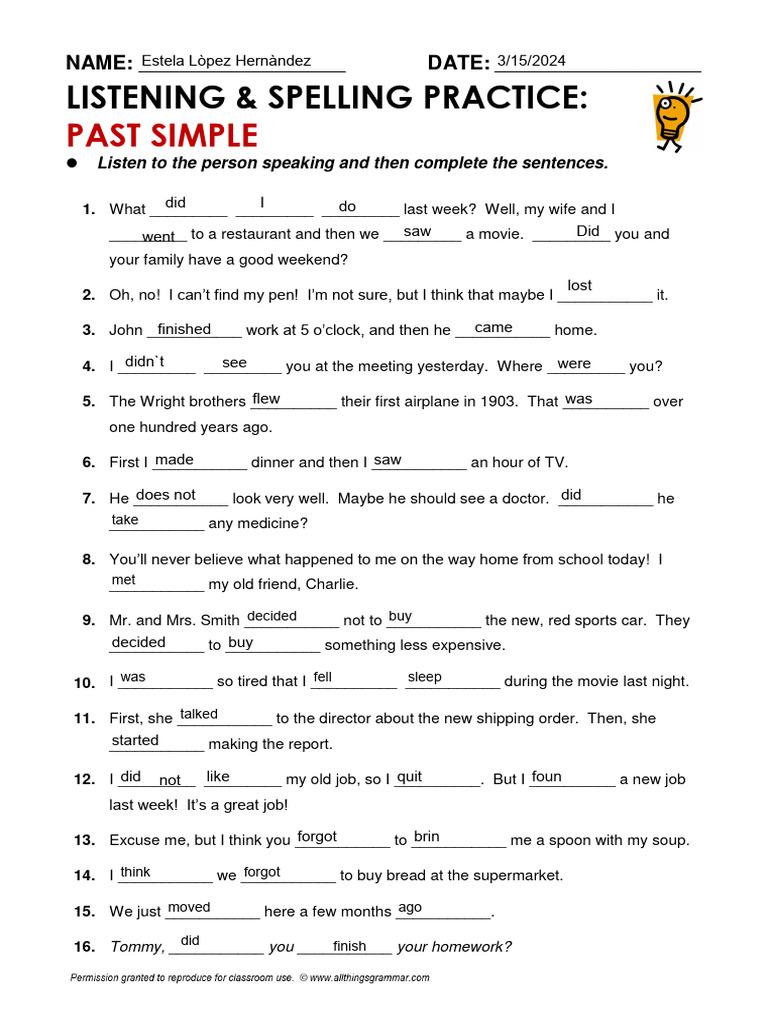 Past Simple Listening & Spelling Practice | PDF