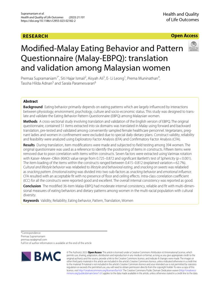 Modifed-Malay Eating Behavior and Pattern Questionnaire (Malay-EBPQ) - Translation and ...