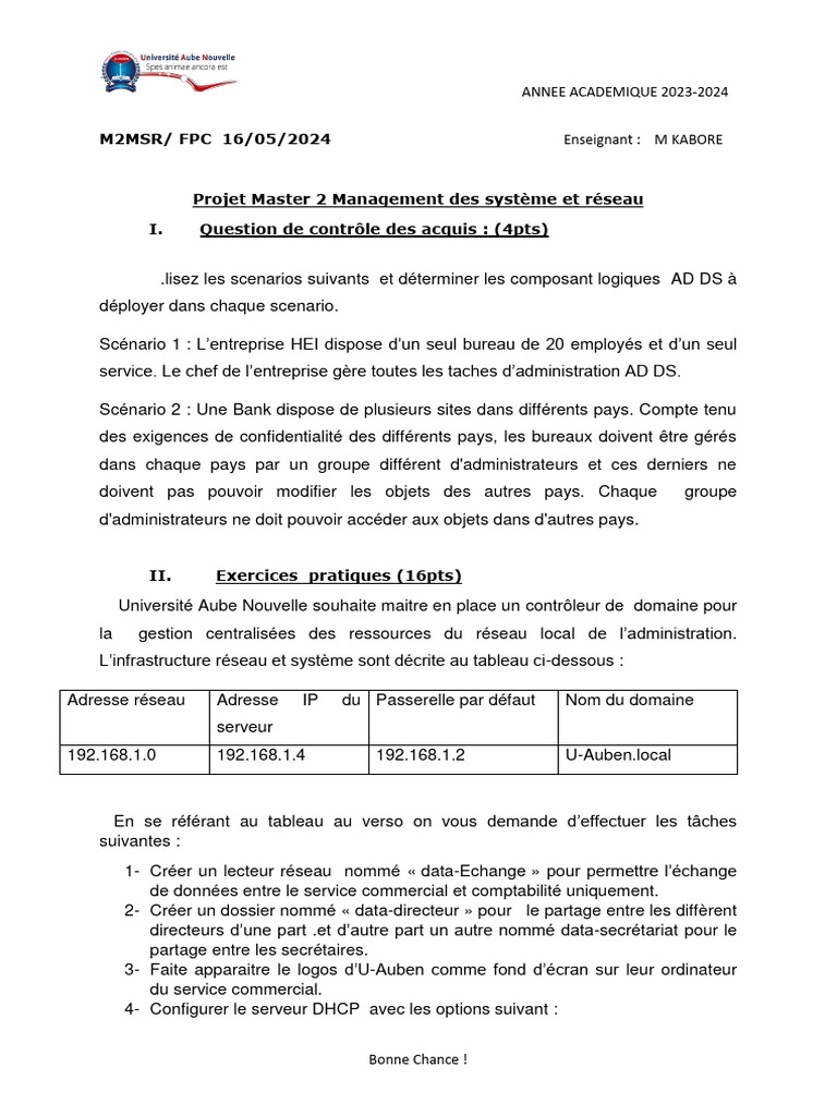 Projet Master 2 Management Des Systeme Et Réseau | PDF | Informatique ...