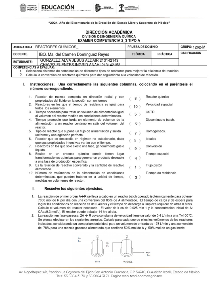 Examen Reactores Quimicos | Descargar gratis PDF | Reactor Quimico | Ciencias fisicas