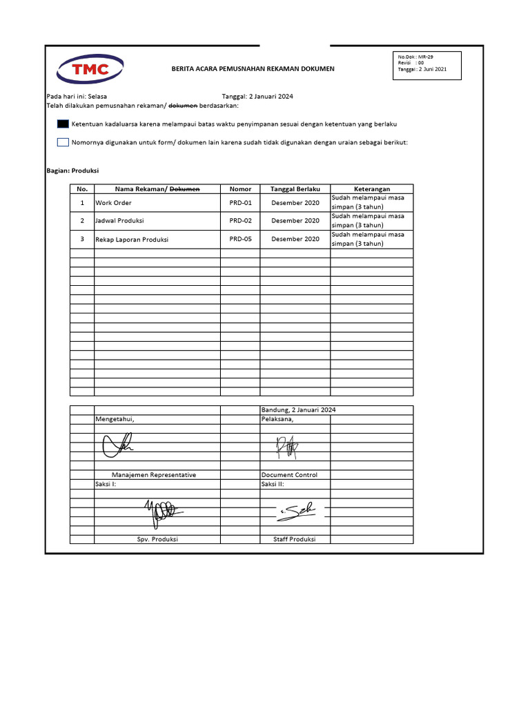 MR-29 Berita Acara Pemusnahan Rekaman Dokumen Produksi | PDF