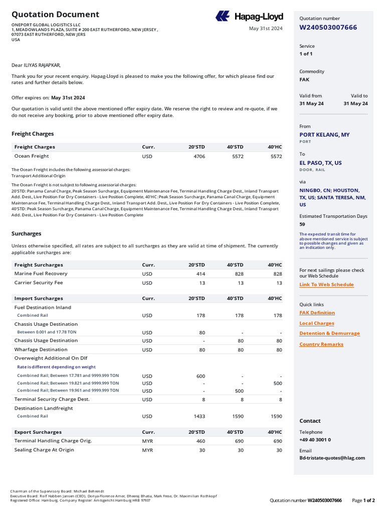 Logistics Quotation for Iliyas Rajapkar | PDF | Fee | Cargo