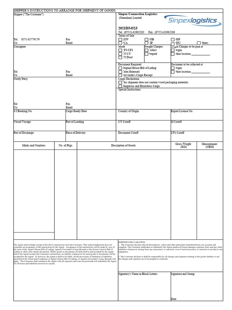 Sinpex Booking Form | PDF | Cargo | Bill Of Lading