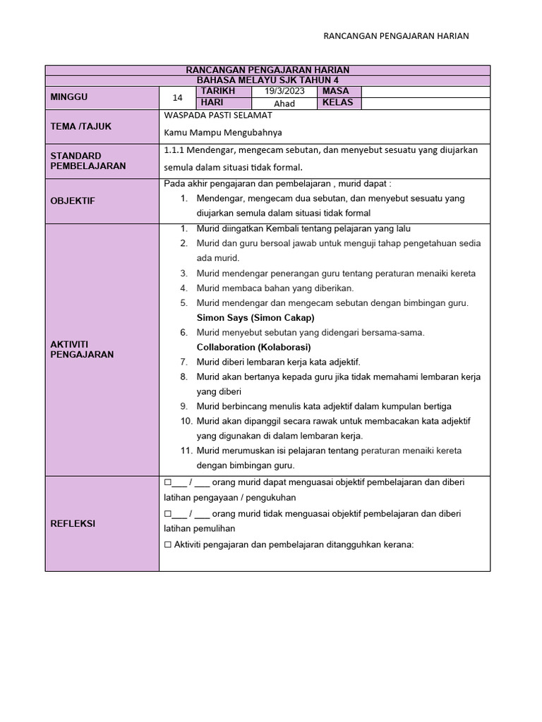 RPH RINGKAS MINGGU 14 BM SJK THN 4 2024 BY CIKGU GORGEOUS | PDF