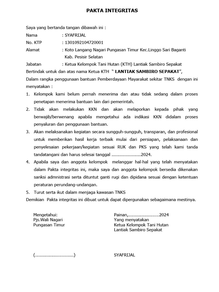 Pakta Integritas KTH | PDF