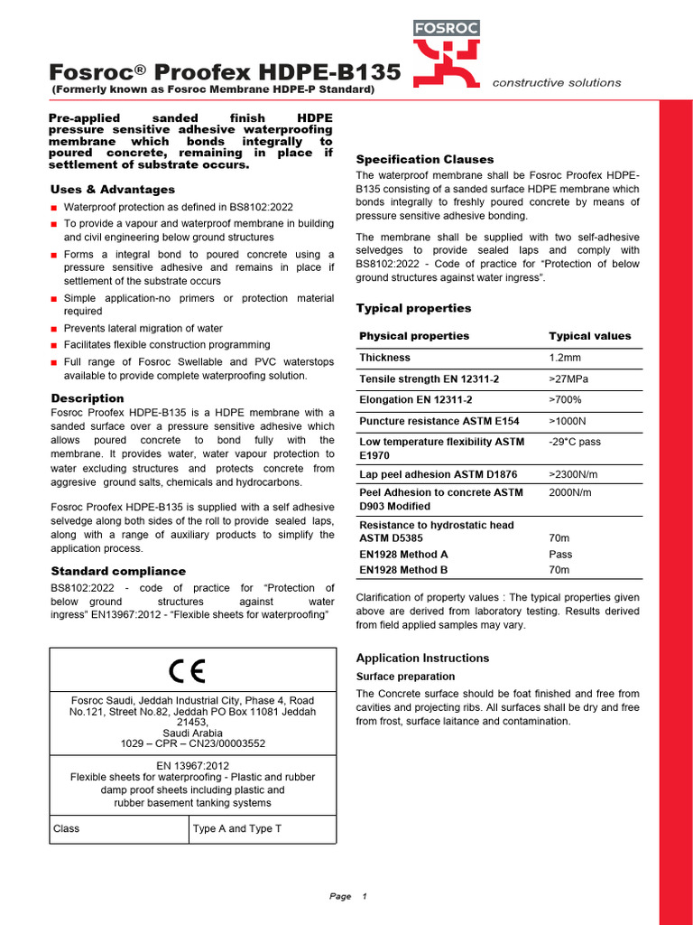 TDS - Proofex HDPE B 135 - ASIA | PDF | Concrete | Membrane