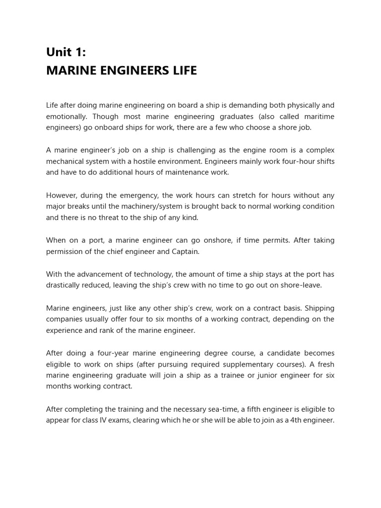 Unit 1 - Marine Engineer Life | PDF | Engineer | Ships