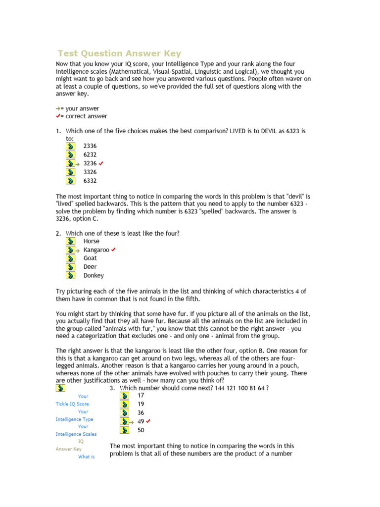 Test Question Answer Key | PDF | Intelligence Quotient | Intelligence