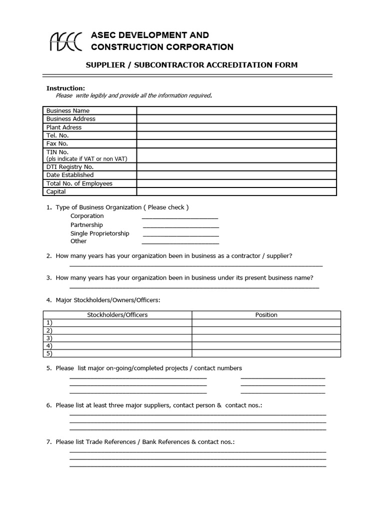 Supplier/Subcontractor Accreditation Form | PDF | Business | Business ...