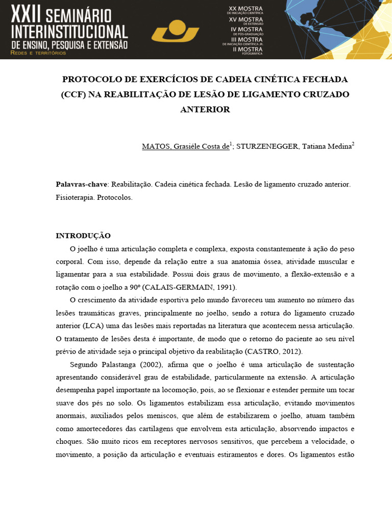 Protocolo de Exercícios de Cadeia Cinética Fechada (CCF) Na Reabilit ...