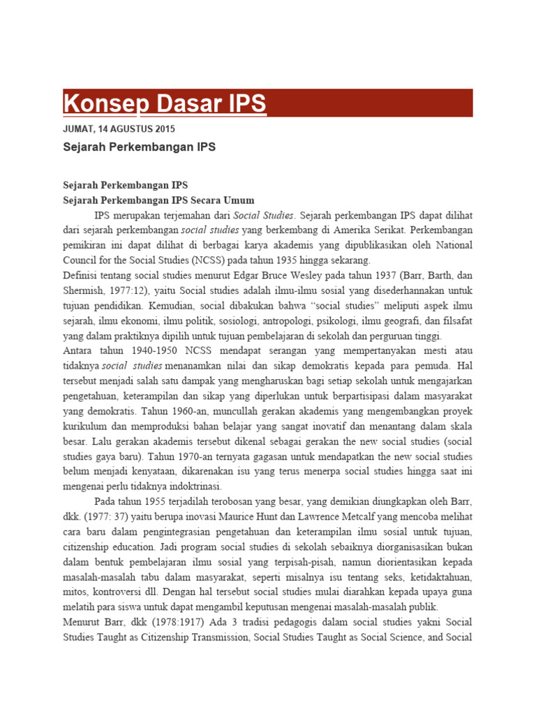 Konsep Dasar IPS (Perkembangan Ips Di Indonesia) | PDF
