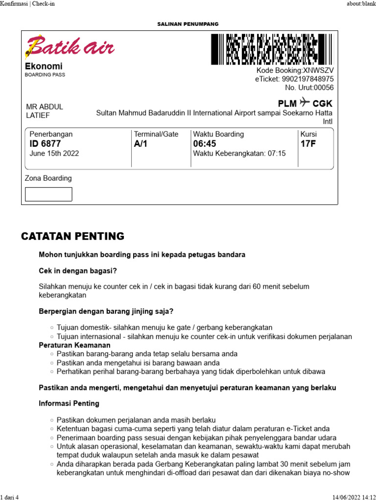 Boarding Pass Penerbangan Ekonomi 15 Juni | PDF