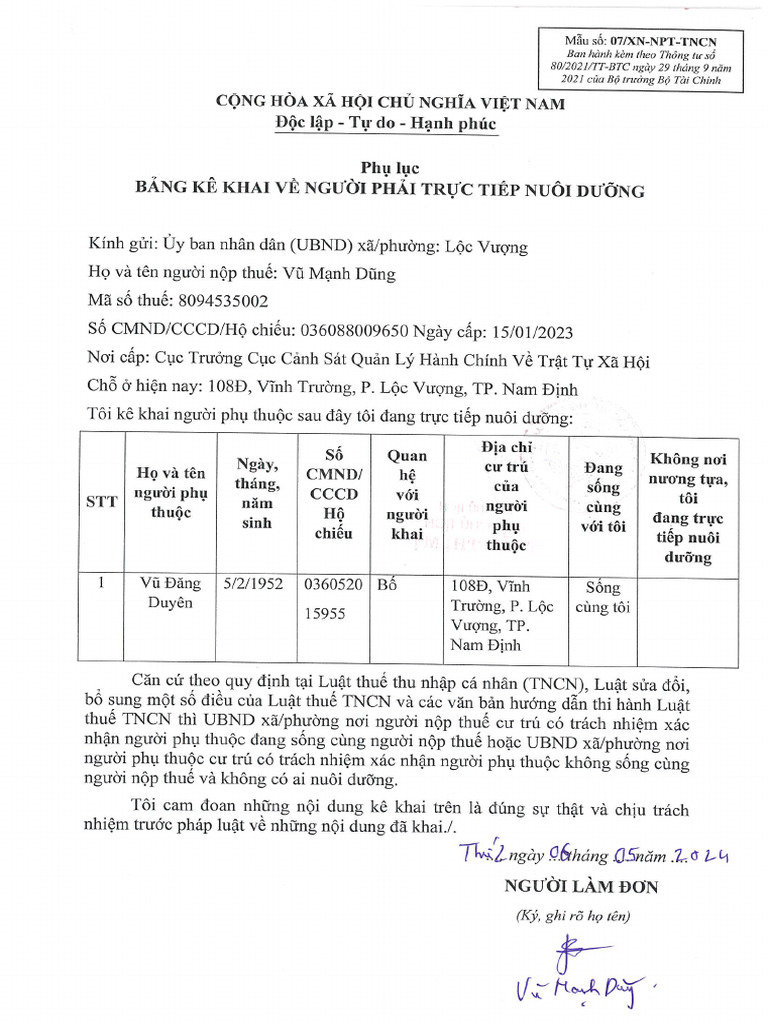 Ban Ke Khai Nguoi Truc Tiep Nuoi Duong | PDF