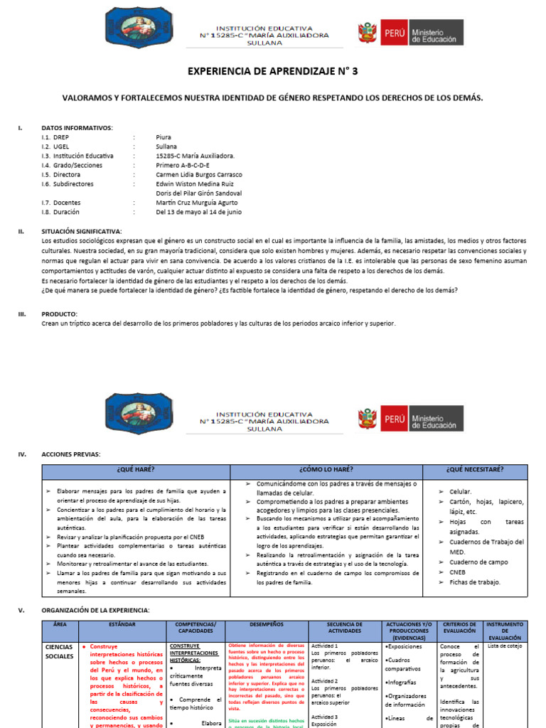 EXPERIENCIA DE APRENDIZAJE 3 1° SECUNDARIA CC.SS II | Descargar gratis PDF | Evaluación ...