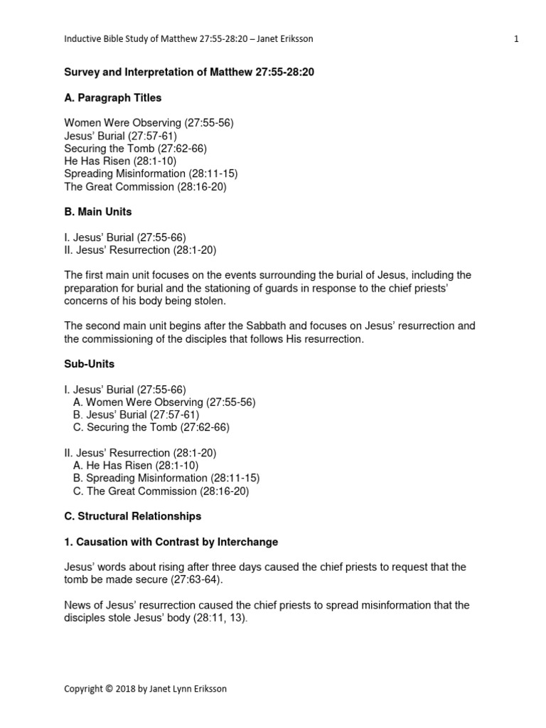 Inductive Bible Study of Matthew 27 28 Janet Eriksson | PDF | Disciple ...