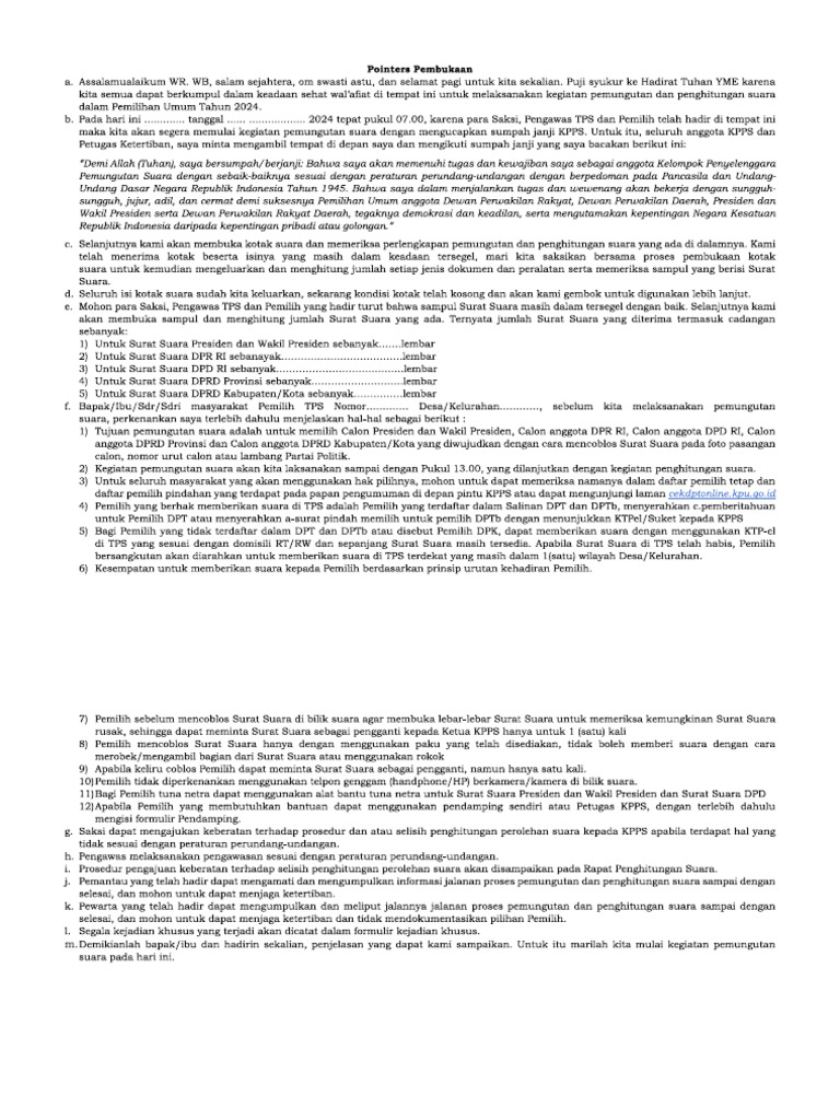 Pointers Pembukaan Ketua Kpps Di TPS-1 | PDF