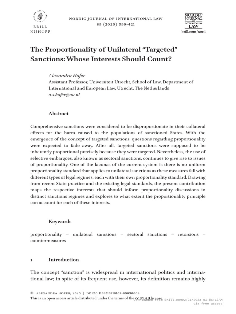 Hofer - 2020 - The Proportionality of Unilateral "Targeted" Sanct | PDF ...