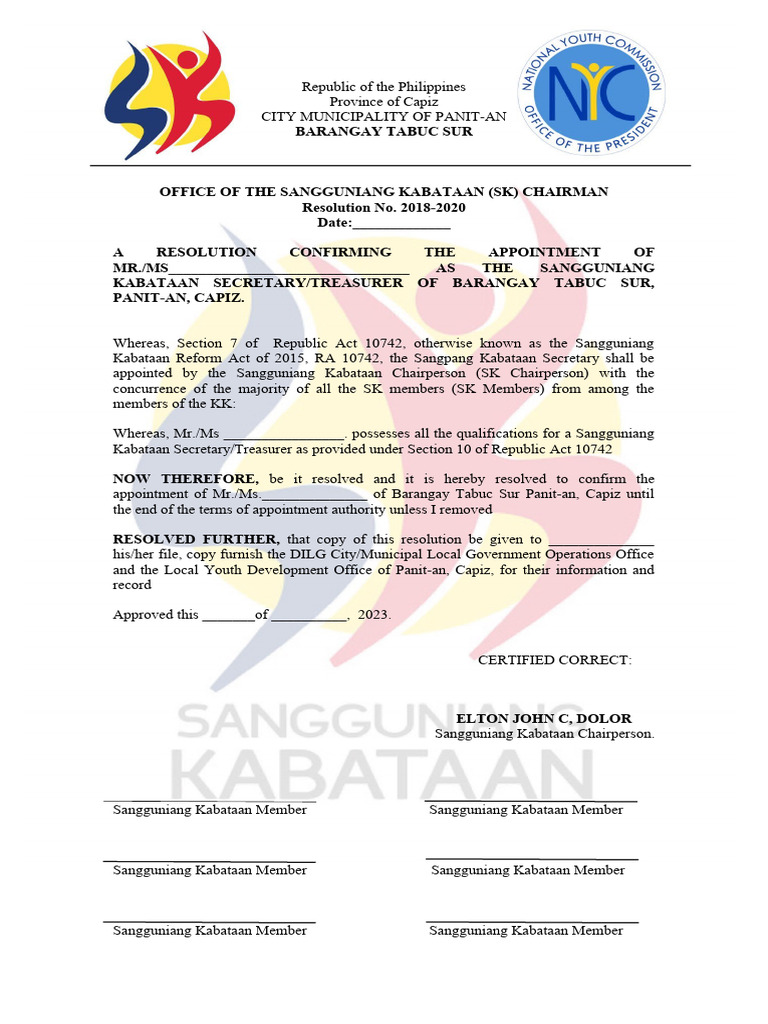 SK Confirming Appointment Letter For Secretary Treasurer | PDF ...