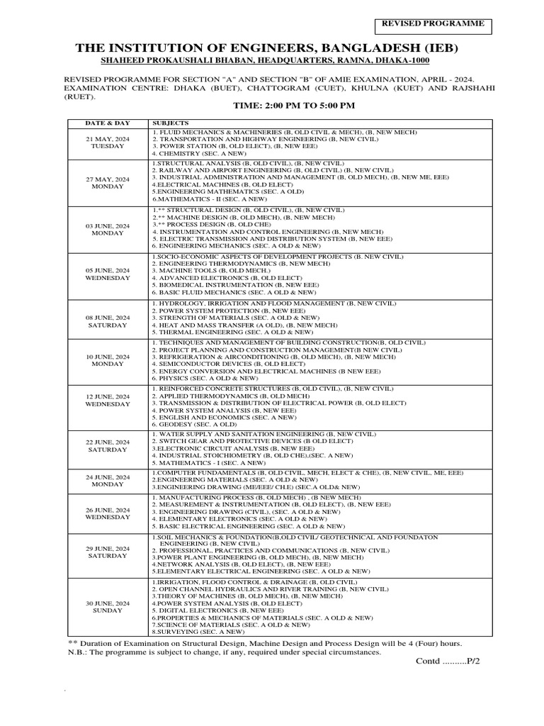 AMIE Exam Schedule April 2024 IEB | PDF | Electrical Engineering ...