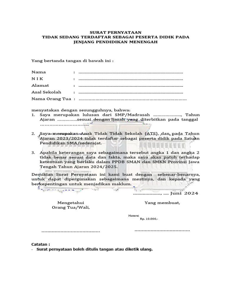 Form Surat Pernyataan Tidak Sedang Terdaftar Sebagai Peserta Didik Pada ...