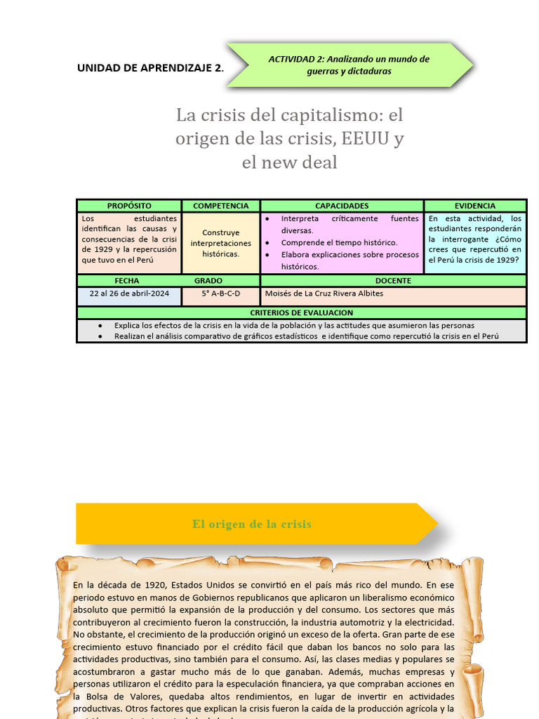 Actividad 2. Unidad 2 - CCSS Quinto - 2024.. | PDF | Gran depresion | Nuevo acuerdo