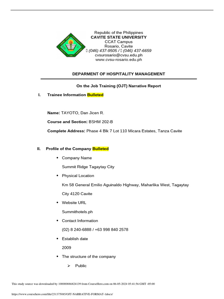 Ojt Narrative Format 1 | PDF | Housekeeping | Communication