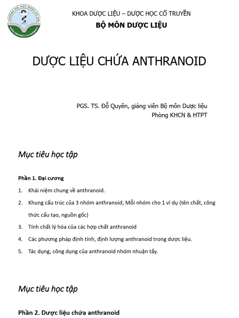 2 - Dược liệu chứa anthranoid - Đại cương - handout K75 2 | PDF