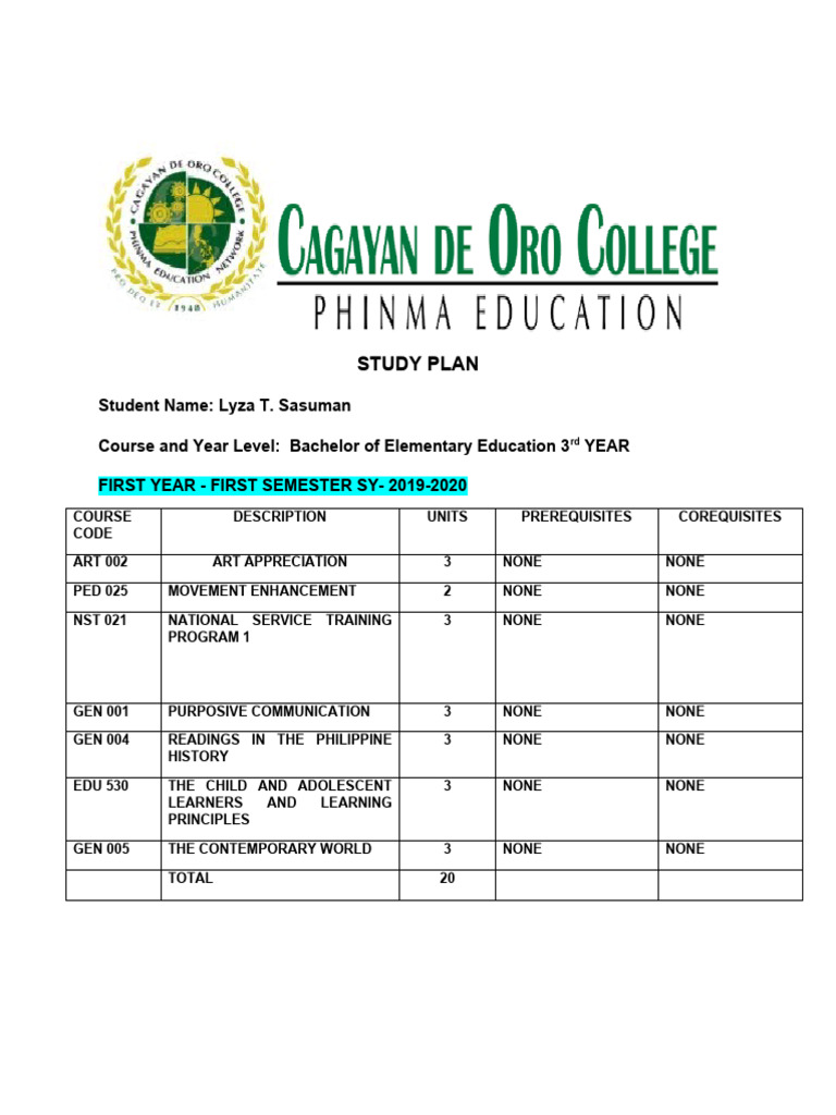 STUDY-PLAN-LYZA-FINAL | Download Free PDF | Curriculum | Cognition