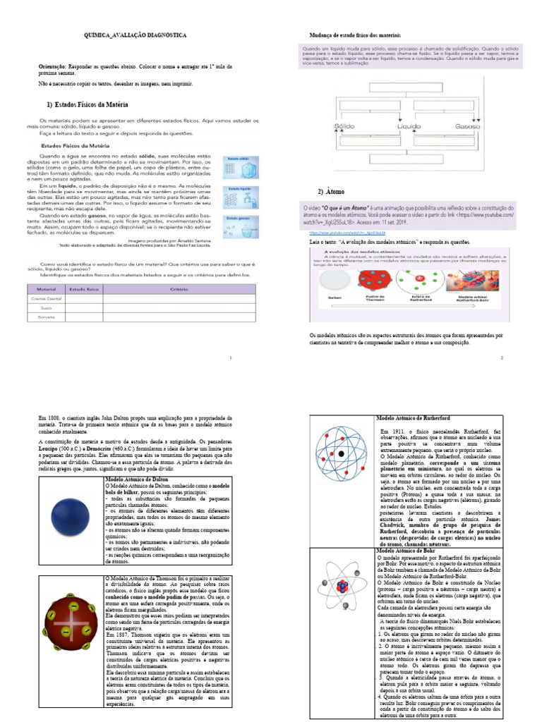 Química Avaliação Diagnóstica 1o Ano Pdf Elétron átomos