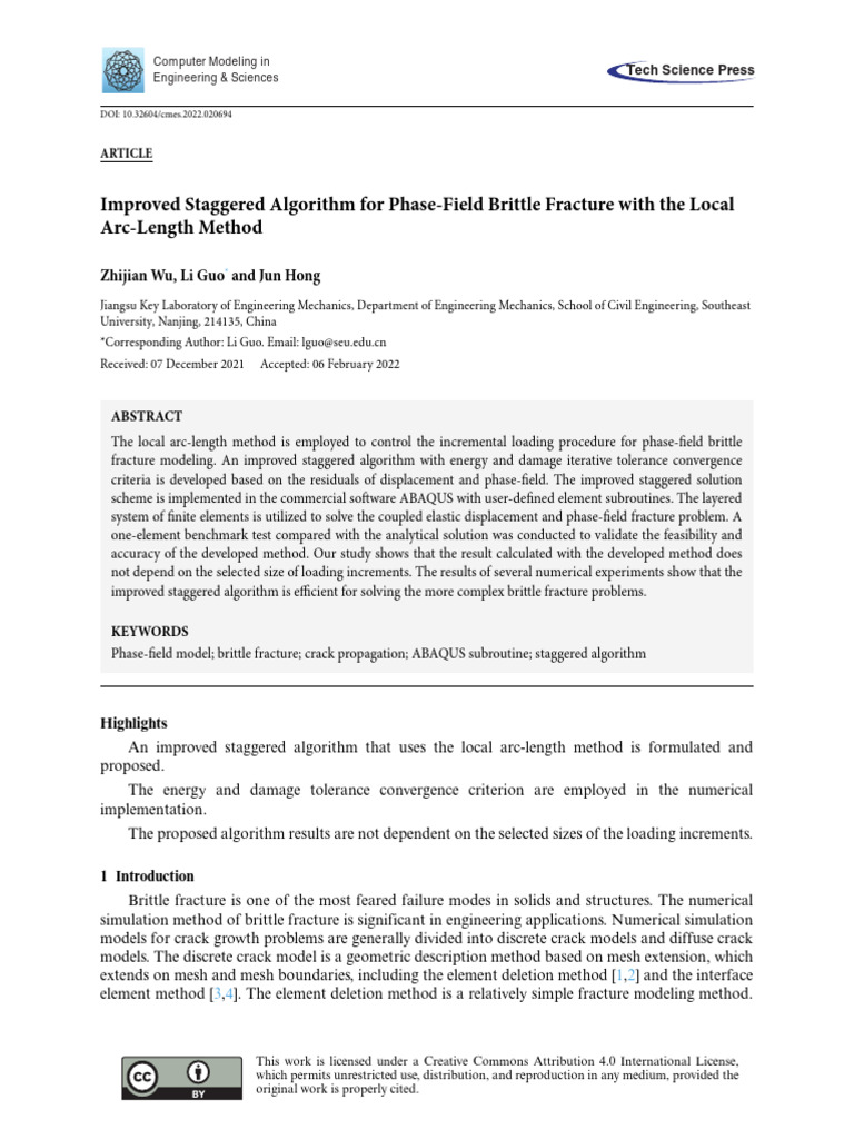 Improved Staggered Algorithm For Phase-Field Brittle Fracture With The Local Arc-Length Method ...