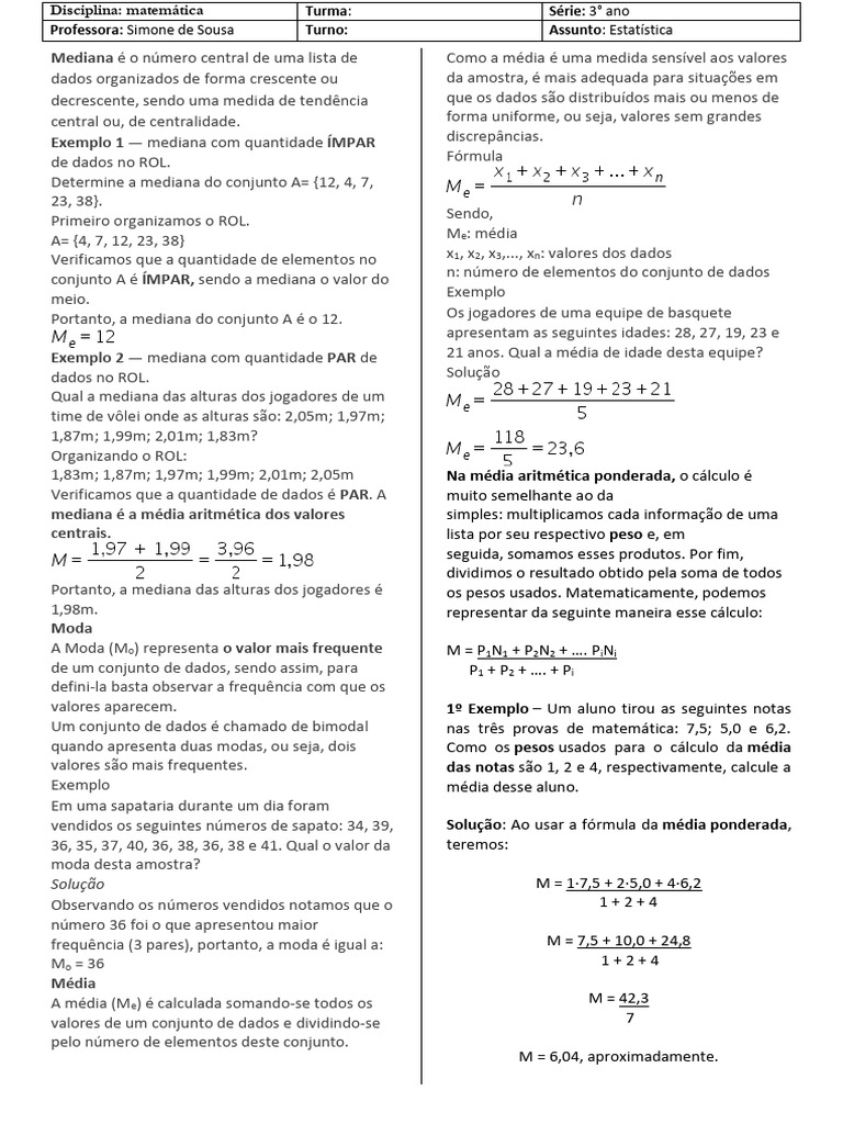 Medidas de Tendência | PDF | Média | Mediana (Estatística)