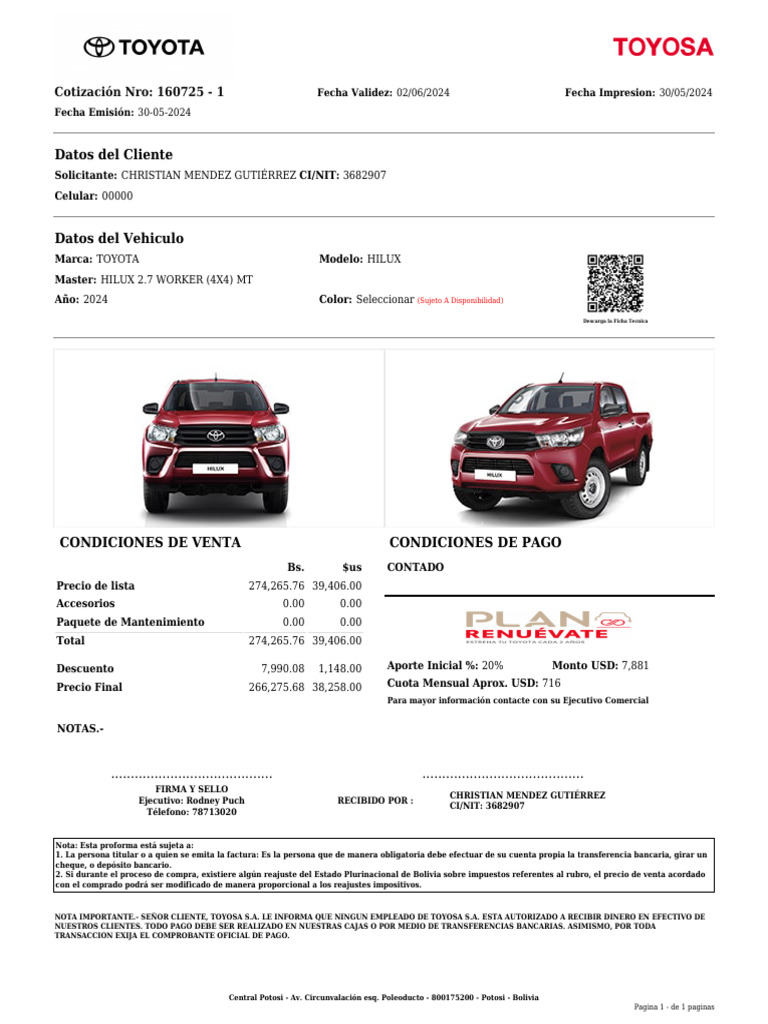 Hilux 2.7 Worker (4X4) MT 2024 160725 1 | PDF | Dinero | Economias