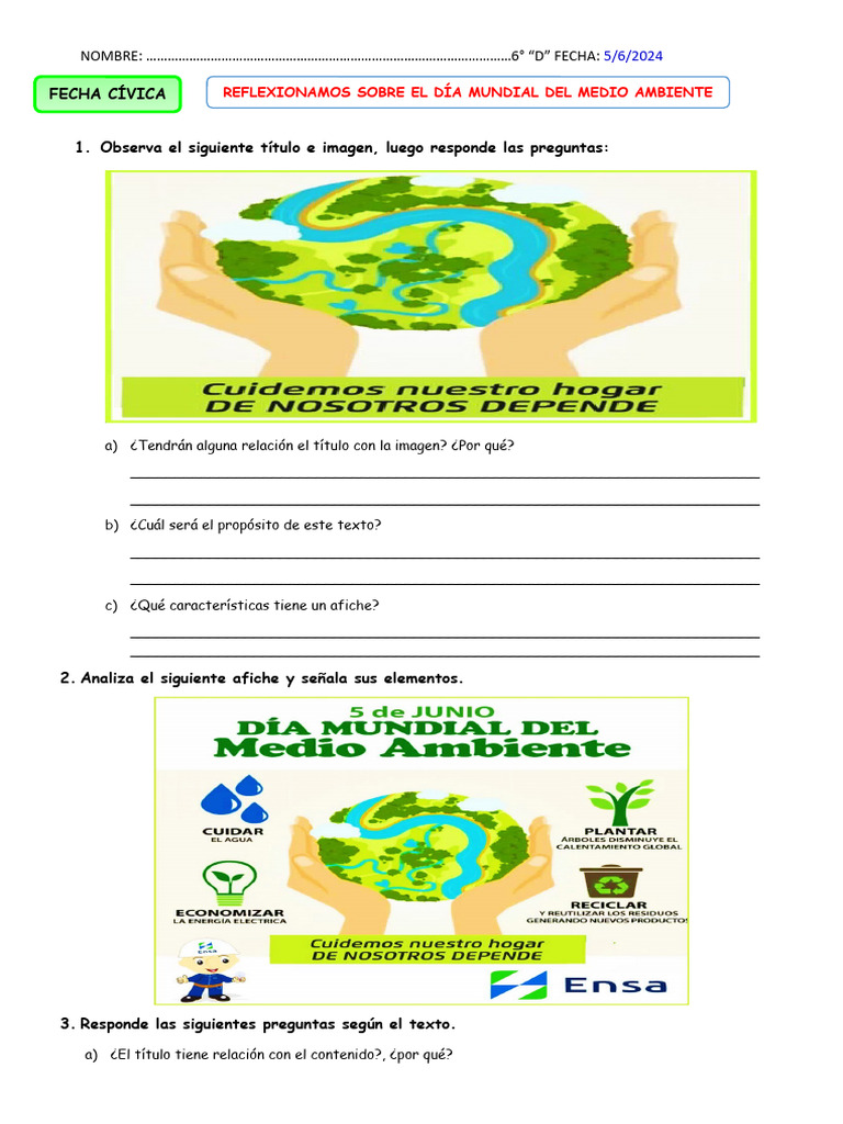 Ficha-Fecha Cívica 5-6 Día Mundial Del Medio Ambiente | PDF ...