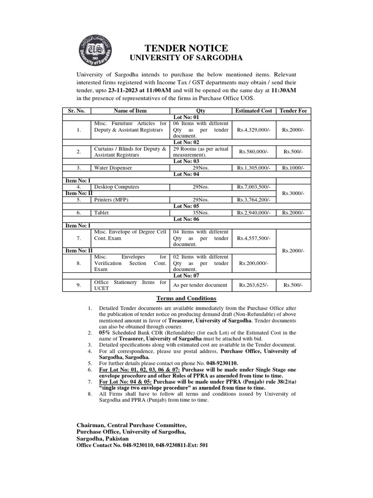 Tender Notice of 07 Lots Furniture Curtains Water Dispenser Computers ...